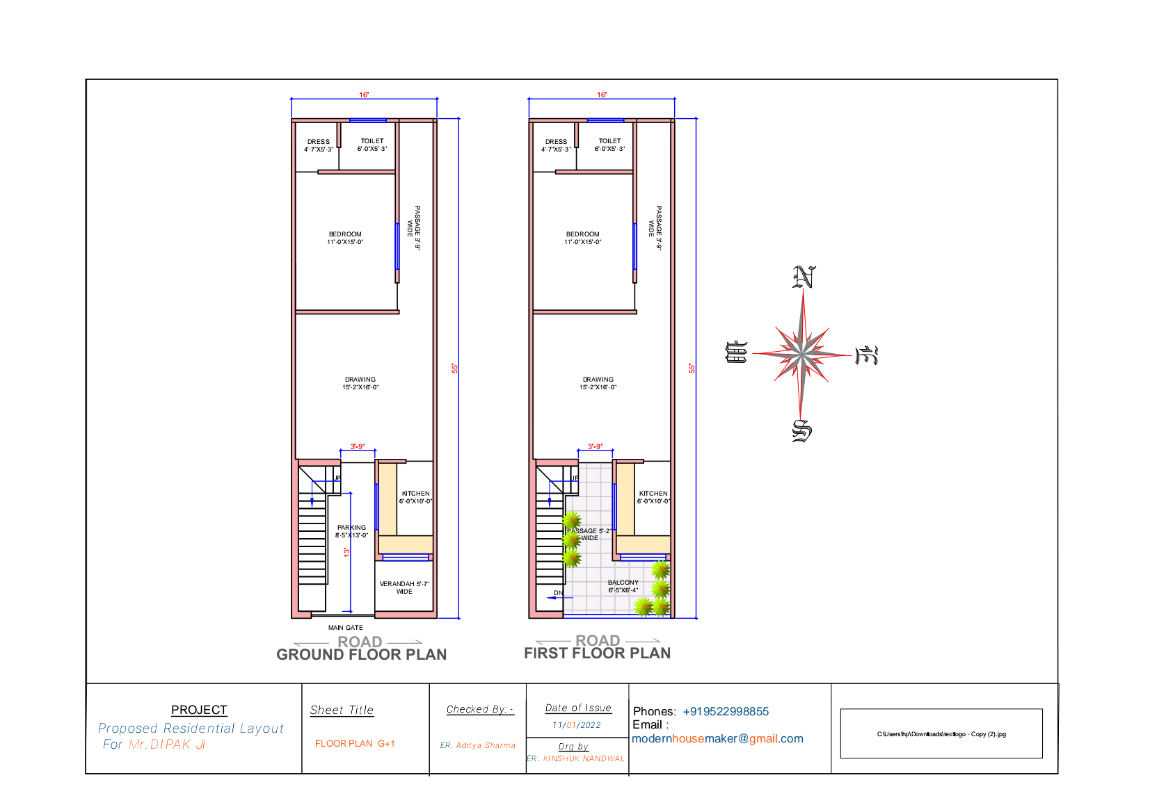 16x55 Elevation Design Indore - 16*55 House Plan India